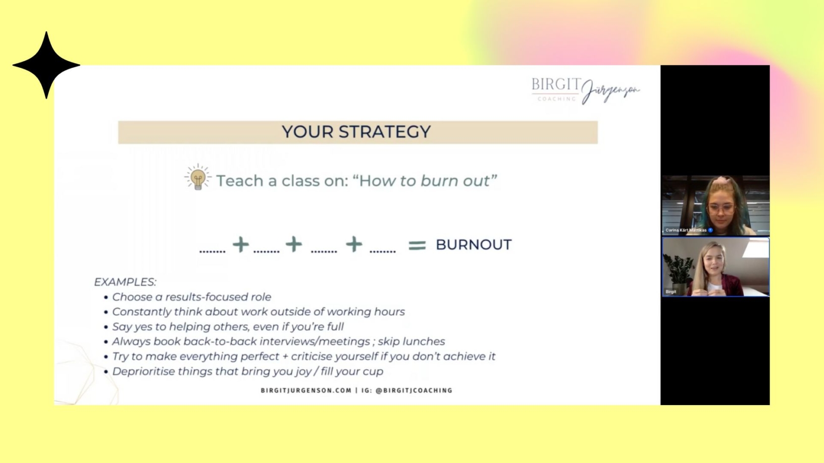 Personal burnout strategy and Early Indicators Dashboard - tips from Birgit Jürgenson